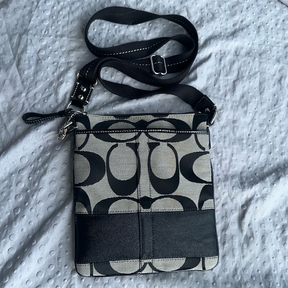 Coach | Bags | Coach Black Signature Strip Cc Canvas Logo Y2k Crossbody Bag | Poshmark